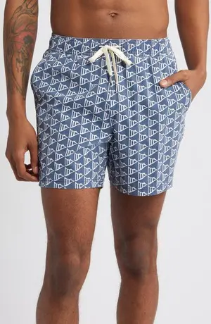 FAIR HARBOR The Bungalow Water Repellent Swim Trunks Navy Windy Flags