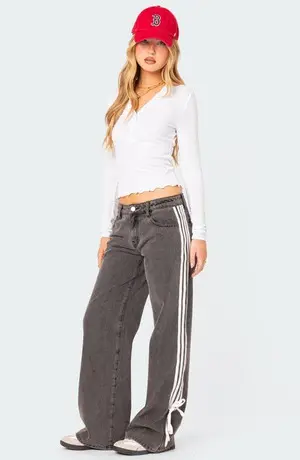 EDIKTED Ribbon Stripe Low Rise Wide Leg Jeans