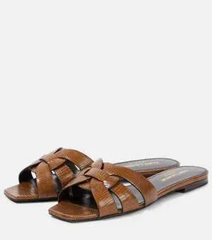 Saint Laurent Tribute Lizard-effect Leather Sandals - Brown