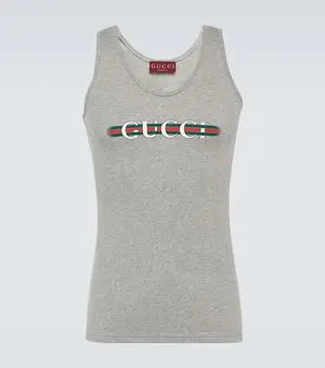 Gucci Logo Ribbed-Knit Cotton Jersey Tank Top - Grey | Editorialist