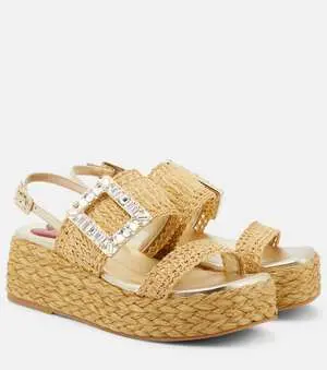 ROGER VIVIER Embellished Raffia Platform Sandals - Beige