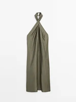 massimo dutti green linen dress Massimo Dutti 100% Linen Double Knot Dress In Bluish Green