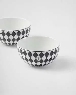 Prada Set Of Two Porcelain Rice Or Cereal Bowls Checkerboard