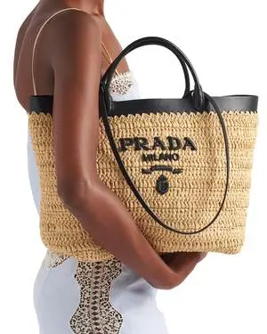 Prada Medium Crochet And Leather Tote Bag - Neutral