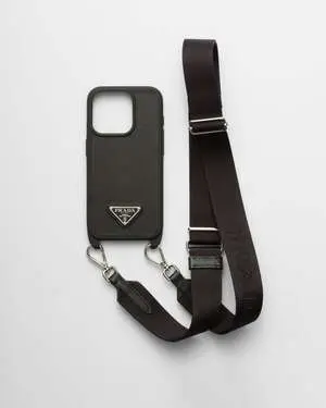 Prada Saffiano Leather Cover For Iphone 15 Pro - Black