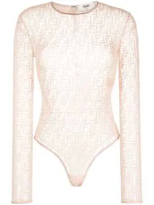 Fendi Monogram-jacquard Mesh Bodysuit - Neutrals