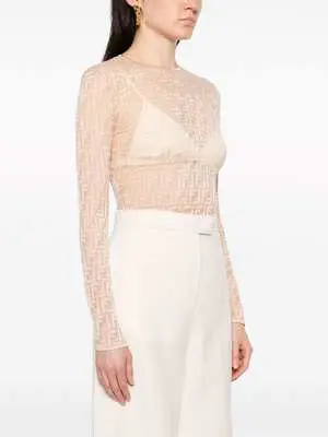 Fendi Monogram-jacquard Mesh Bodysuit - Neutrals