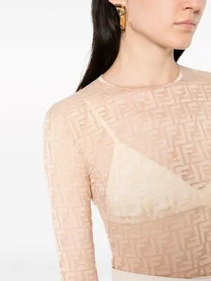 Fendi Monogram-jacquard Mesh Bodysuit - Neutrals