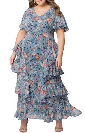 KIYONNA Tour De Flounce Tiered Maxi Dress - Blue Multi