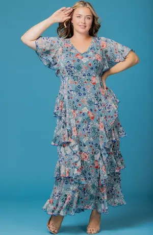 KIYONNA Tour De Flounce Tiered Maxi Dress - Blue Multi