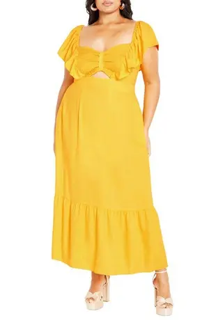 City Chic Alora Flutter Sleeve Cutout Maxi Dress - Citrus