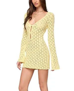 EDIKTED Crochet Mini Dress With Cut Out - Yellow