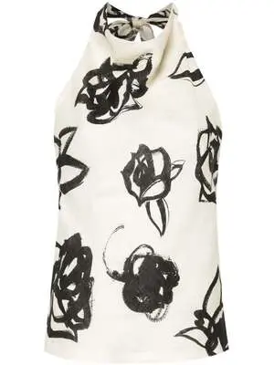 MSGM Floral Linen Halterneck Top - Neutrals