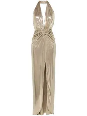 NISSA Backless Lamé Maxi Dress With Knot Detail