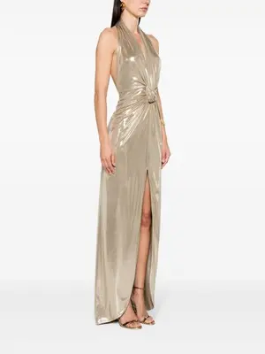 NISSA Backless Lamé Maxi Dress With Knot Detail