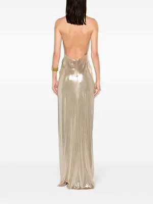 NISSA Backless Lamé Maxi Dress With Knot Detail