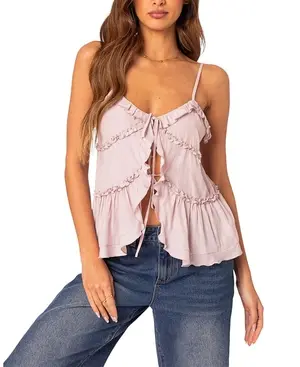 EDIKTED Juniper Tie Front Ruffled Top