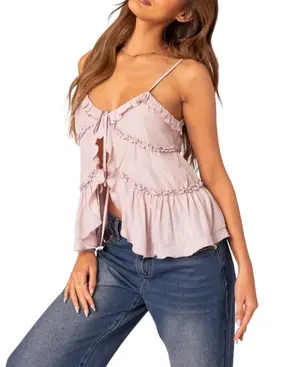 EDIKTED Juniper Tie Front Ruffled Top