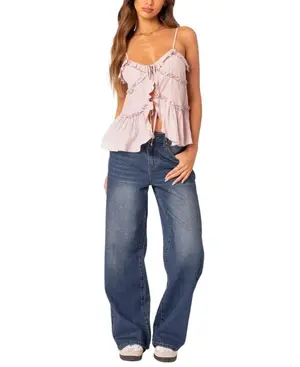 EDIKTED Juniper Tie Front Ruffled Top