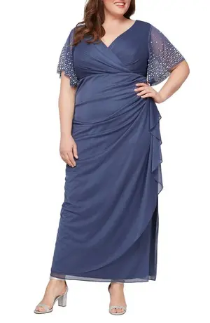 Alex Evenings Rhinestone Sleeve Chiffon Gown - Violet