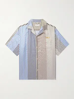4SDESIGNS Convertible-collar Logo-appliquéd Striped Silk-faille Shirt - Neutrals