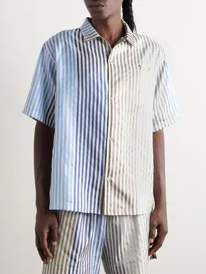 4SDESIGNS Convertible-collar Logo-appliquéd Striped Silk-faille Shirt