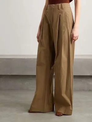 Brunello Cucinelli Pleated Cotton-poplin Wide-leg Pants - Brown