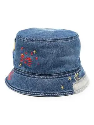 Marni Embroidered Denim Bucket Hat - Blue