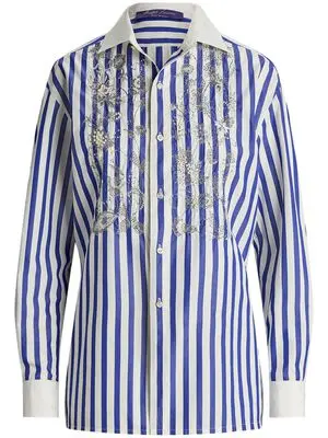 Ralph Lauren Embellished Striped Cotton Capri Shirt - Blue