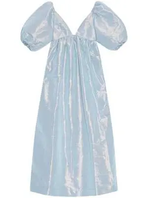 Ganni Puff-Sleeve Taffeta Maxi Dress - Blue | Editorialist