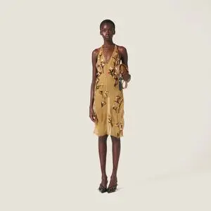 Miu Miu Chiffon Dress With Floral Embroidery - Mustard | Editorialist