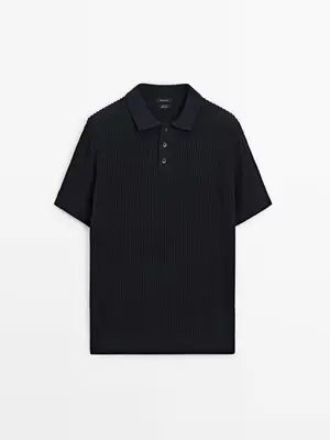 Massimo Dutti Short Sleeve Textured Knit Polo Sweater - Grey