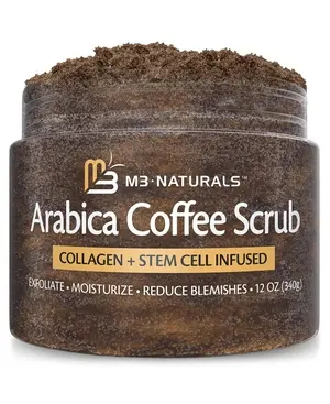M3 NATURALS Arabica Coffee Body Scrub With Collagen & Stem Cell Exfoliating Body Scrubber & Face Cleanser 12 Oz - Coffee Brown
