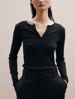 NINETY PERCENT Classic Ribbed Henley Top - Black