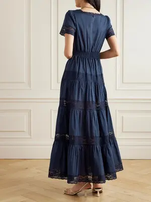 Loretta Caponi Tiered Lace-trimmed Cotton-poplin Midi Dress