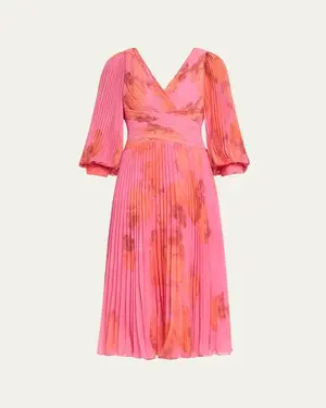 Rickie Freeman For Teri Jon Pleated Abstract-print Chiffon Midi Dress - Pink Multi