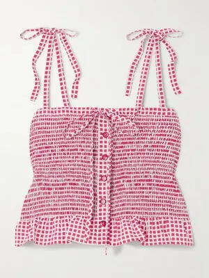 Loretta Caponi Shirred Checked Cotton-poplin Top