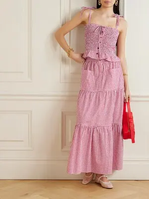 Loretta Caponi Shirred Checked Cotton-poplin Top
