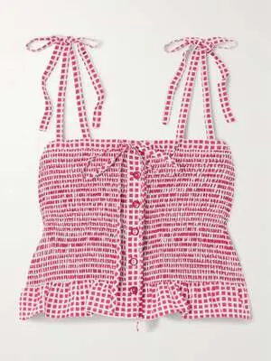 Loretta Caponi Shirred Checked Cotton-poplin Top