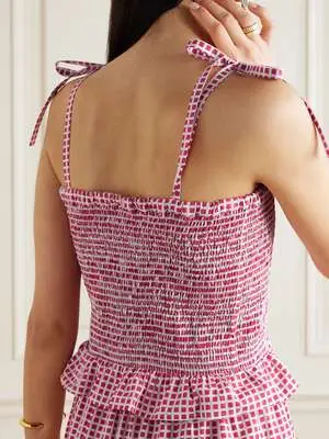 Loretta Caponi Shirred Checked Cotton-poplin Top
