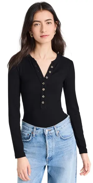 Ambitionist Button-up Ribbed Henley Thong Bodysuit