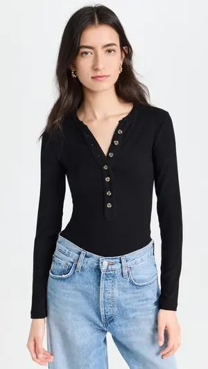 Ambitionist Button-up Ribbed Henley Thong Bodysuit