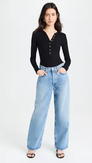 Ambitionist Button-up Ribbed Henley Thong Bodysuit