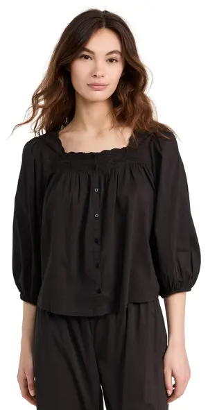 The Great. The Eyelet Button Sleep Top - Black