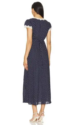 Rixo Clarice Polka Dot Dress With Rosette Detail - Navy Polka Dot
