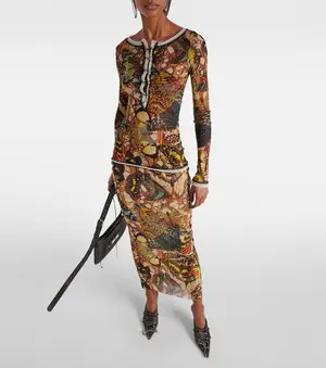 JEAN PAUL GAULTIER Printed Lace-trimmed Mesh Top