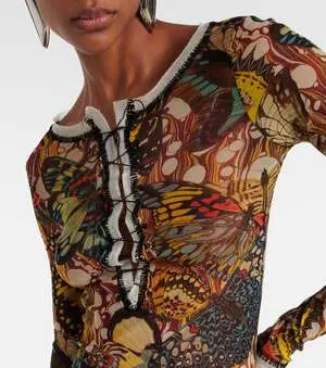 JEAN PAUL GAULTIER Printed Lace-trimmed Mesh Top
