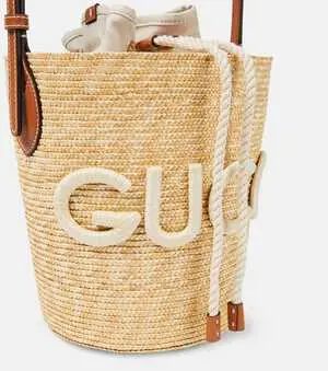 Gucci Small Leather-trimmed Raffia Bucket Bag