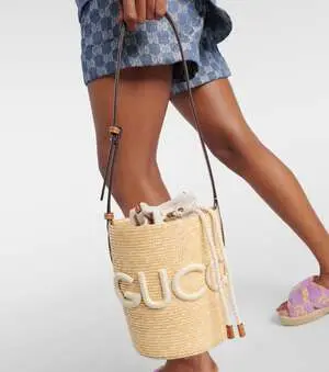 Gucci Small Leather-trimmed Raffia Bucket Bag