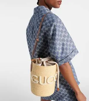 Gucci Small Leather-trimmed Raffia Bucket Bag
